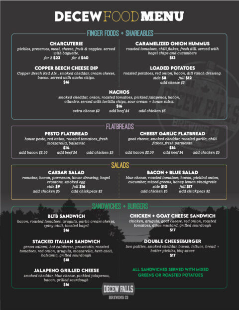 Menu | Decew Falls Brewing Company